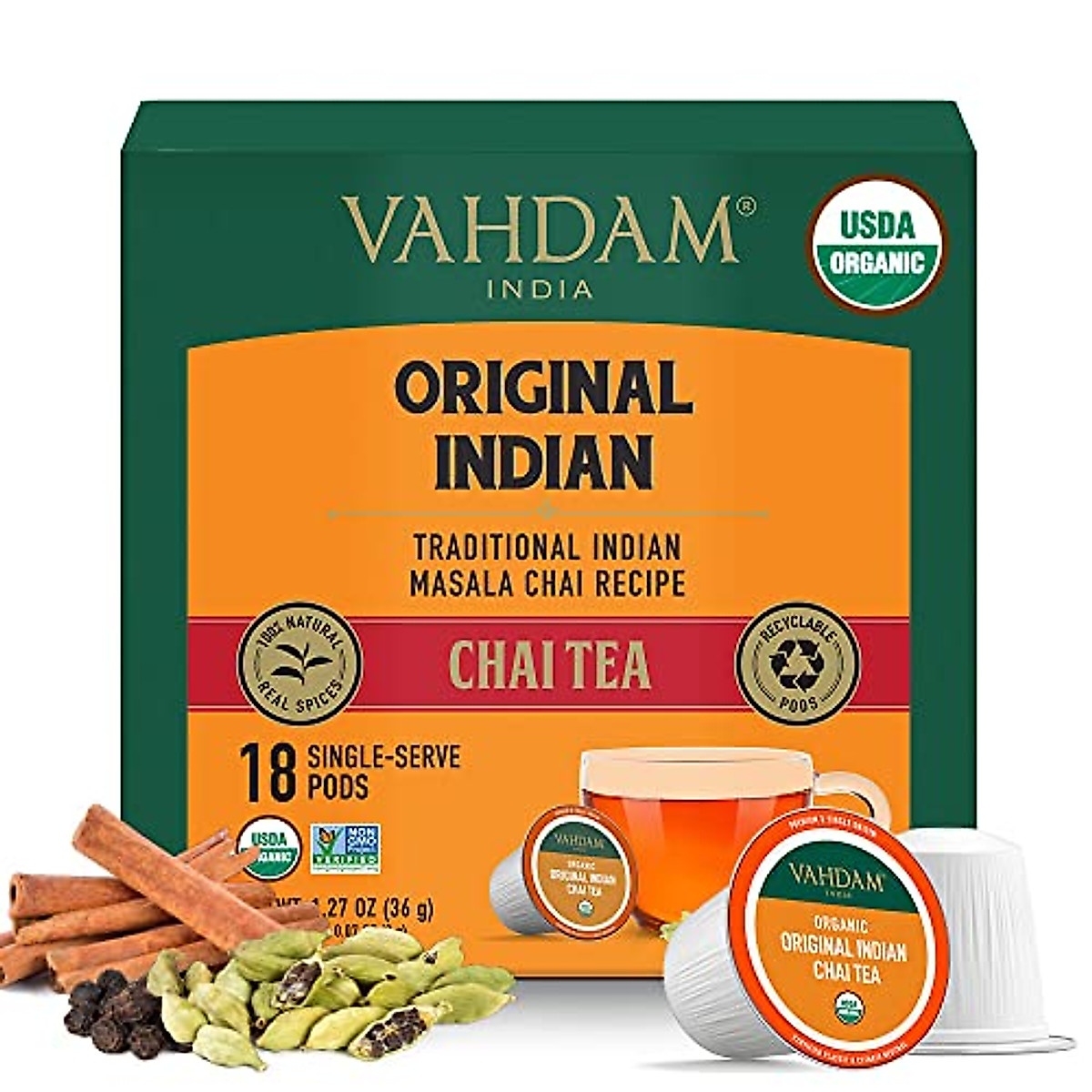 VAHDAM, Organic Original Masala Chai Tea K Cup (18 Pods) Caffeinated Rich Black Tea Pods | Keurig Compatible | BPA Free & Recyclable Pods | Single Serve Spiced Masala Chai Tea Pods