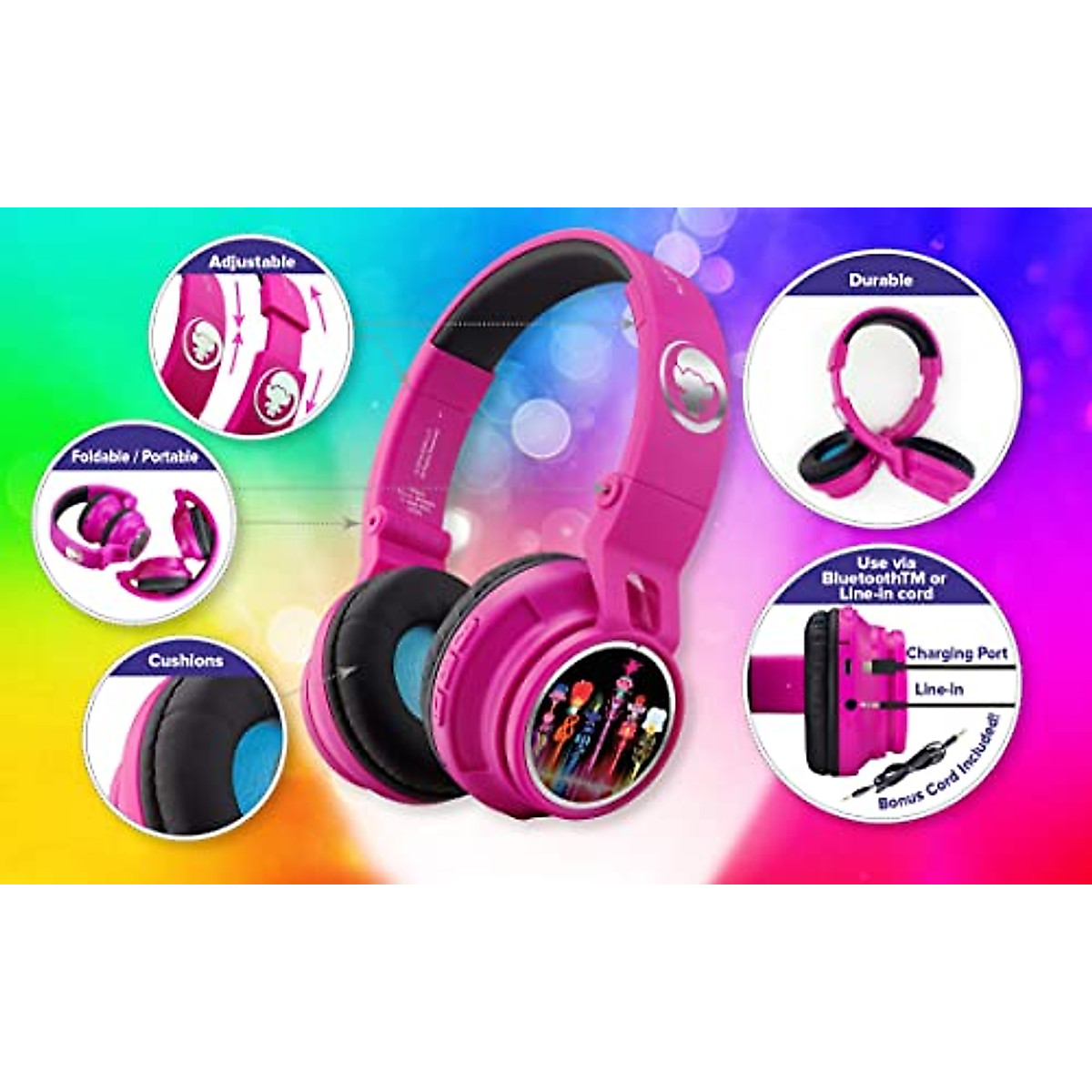 eKids Trolls Kids Bluetooth Headphones, Wireless Headphones with Microphone Includes Aux Cord, Volume Reduced Kids Foldable Headphones for School, Home, or Travel