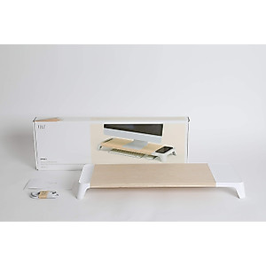 POUT E6 White Wood Desk Monitor Computer Stand Riser Shelf + Qi Fast Wireless Charging Charger Pad Mat for Laptop, Apple, iMac, PC, iPhone, Samsung Galaxy, Airpod 2, Buds