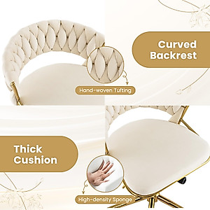 COSTWAY Velvet Office Desk Chair, Upholstered Makeup Vanity Chair w/Woven Back & Gold Base, Height Adjustable Swivel Computer Task Chair, Home Office Chair w/Wheels for Bedroom Study (Beige)