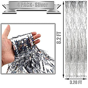 4 Pack Silver Foil Fringe Curtain Backdrop, 3.28Ft x 8.2Ft Metallic Tinsel Foil Fringe Streamer Curtains for Photo Booth Props, Birthday, Wedding, New Year’s, Christmas Decoration Party Supplies