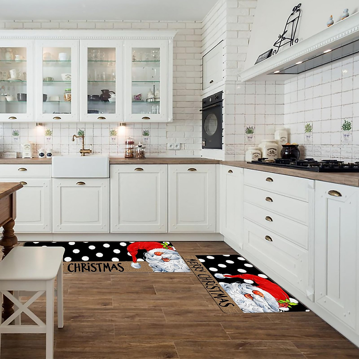 Libaoge Merry Christmas Kitchen Mat Rug Set of 2 Gnome Wearing A Red Hat Black Runner Rug Anti-Fatigue Comfort Memory Foam Standing Mat Non-Slip Floor Door Mat for Bathroom Bedroom 18x30in+18x48in