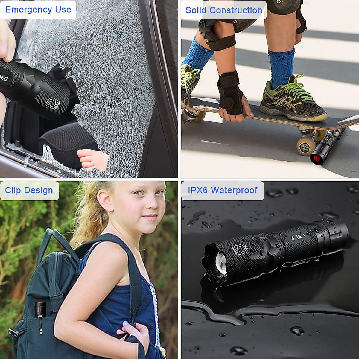 DaskFire 4 Colored Flashlight with RGB Lights, Rechargeable Battery, Charger, Bracelet, High Lumen Zoomable Emergency Torch Multipurpose for Kids Camping Hunting Fishing Hiking Gear