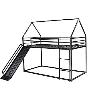 Tidyard Twin Over Twin House Bunk Bed with Ladder and Slide,Black for Bedroom Dorm Guest Room Home Furniture