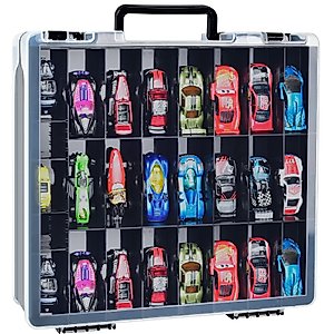 Double Sided Toy Storage Organizer Case for Hot Wheels Car, for Matchbox Cars, for Mini Toys, for Small Dolls. Carrying Box Container Carrier with 48 Compartments - Black (Box Only)