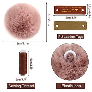 Faux Fur Pom Poms for Hats, 6Pcs Pom Pom Balls with Handmade Love PU Leather Tags DIY Fluffy Pompoms for Crafts Elastic Loop Sewing Thread 3 Colors for Keychains Scarves Gloves Knitting Supplies