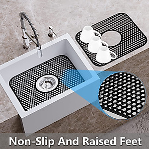 YUBIRD Sink Protectors for Kitchen Sink - 13.58"x 11.6" Sink Mat, 2 PCS Silicone Kitchen Sink Mat for Bottom of Stainless Steel Sink(Black, Ceter Drain)