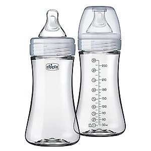 Chicco Duo 9oz. Hybrid Baby Bottle with Invinci-Glass Inside/Plastic Outside 2 Count (Pack of 1) with Slow Flow Anti-Colic Nipple - Clear/Grey
