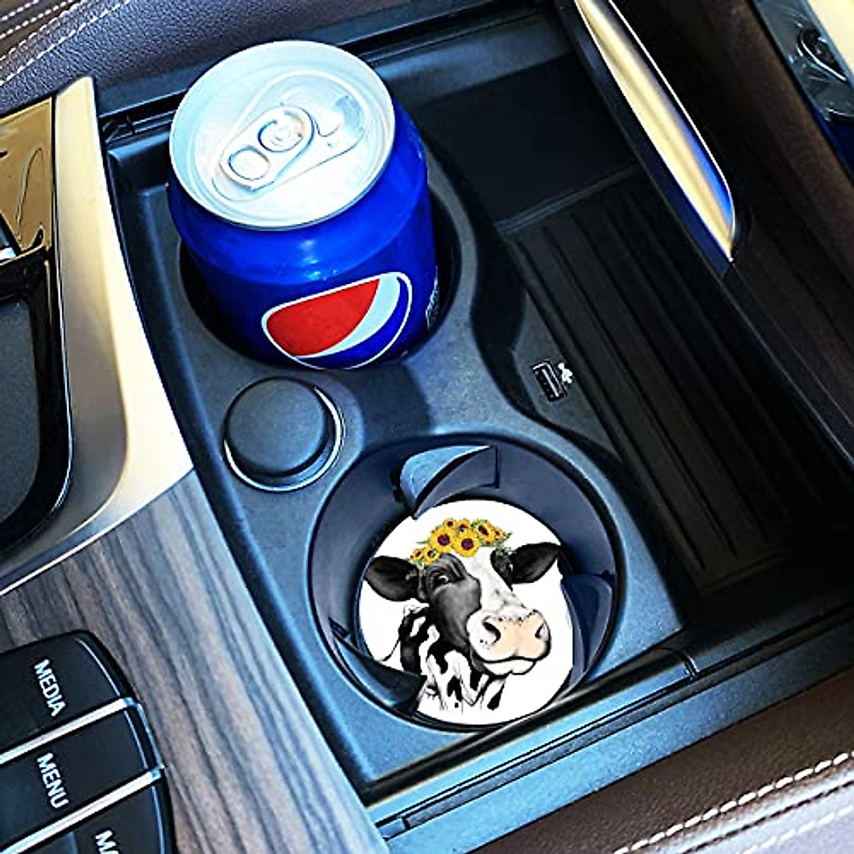 Car Coasters for Women Mother's Day 2 Pack Easter Decorations, Cute Farm Cow Animal 2.56" Absorbent Ceramic Coaster Car Accessories, Keep Cup Holders Clean and Dry, Easy Removal(Cute Cow & Sunflower)