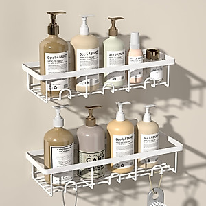 White Shower Caddy Organizer, 2 Pack Adhesive Shampoo Holder Basket Shelves for Storage and Organization, Wall Suction Bath Bathtub Rack Set for RV Camper, Bathroom Restroom Decor and Accessories