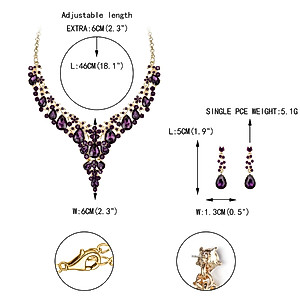 EVER FAITH Crystal Bridal Jewelry Set for Women, Statement Flower Rhinestone Necklace Drop Dangle Earrings Set Dark Purple Gold-Tone