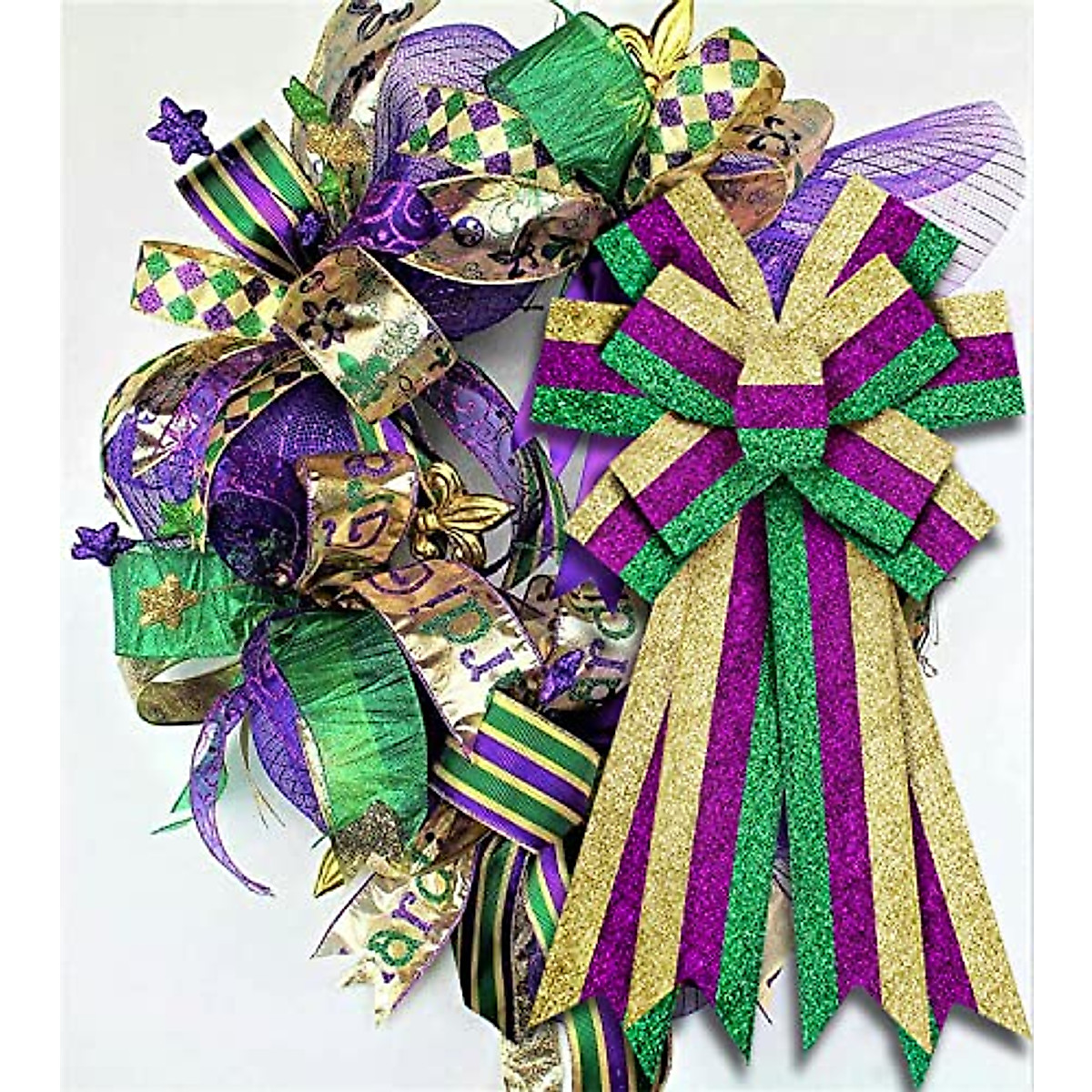 Hying Mardi Gras Ribbons for Wreath Bows, Glitter Gold Purple Green Wired Edge Ribbons Mardi Gras Stripes Craft Ribbons for Gift Wrapping Fat Tuesday Carnival Party Decoration Supplies, 2.5"×10 Yards