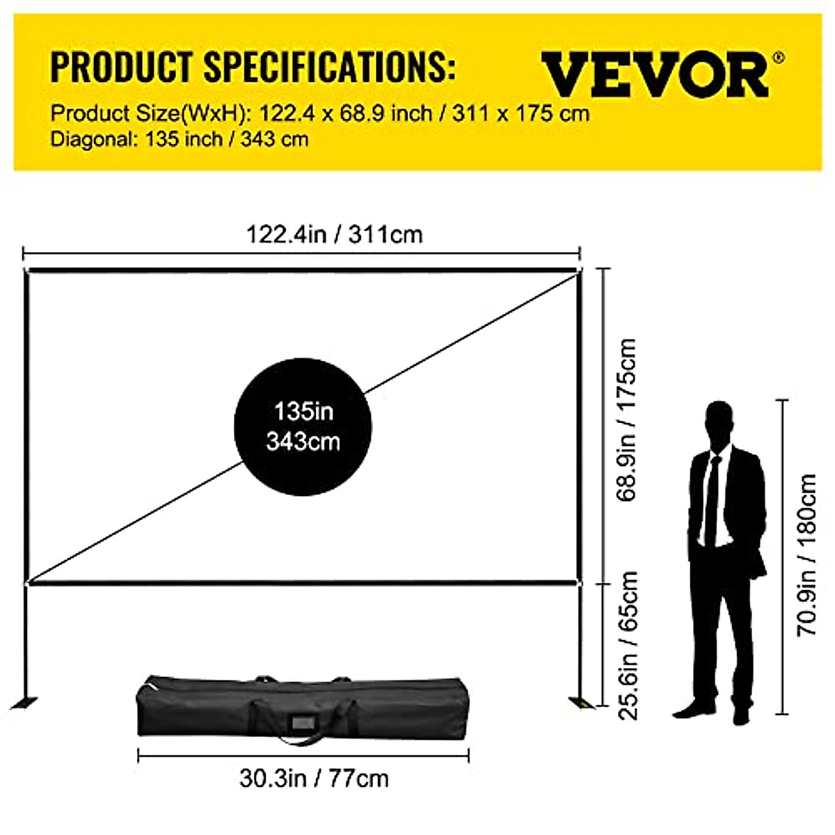 VEVOR Movie Screen with Stand 135inch Portable Projector Screen 16:9 4K HD Wide Angle Projector Screen with Stand Easy Assembly with Storage Bag for Both Indoor and Outdoor Use