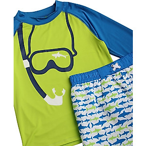 iXtreme Boys' Rash Guard Set - 4 Piece UPF 50+ Swim Trunks and Long Sleeve Swim Shirt (12M-14), Size 7, Royal/Black Shark