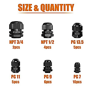 ISPINNER 32pcs Nylon Cable Gland Waterproof IP68 Adjustable 3-18mm, NPT 3/4, NPT 1/2, PG13.5, PG11, PG9, PG7 (Black)