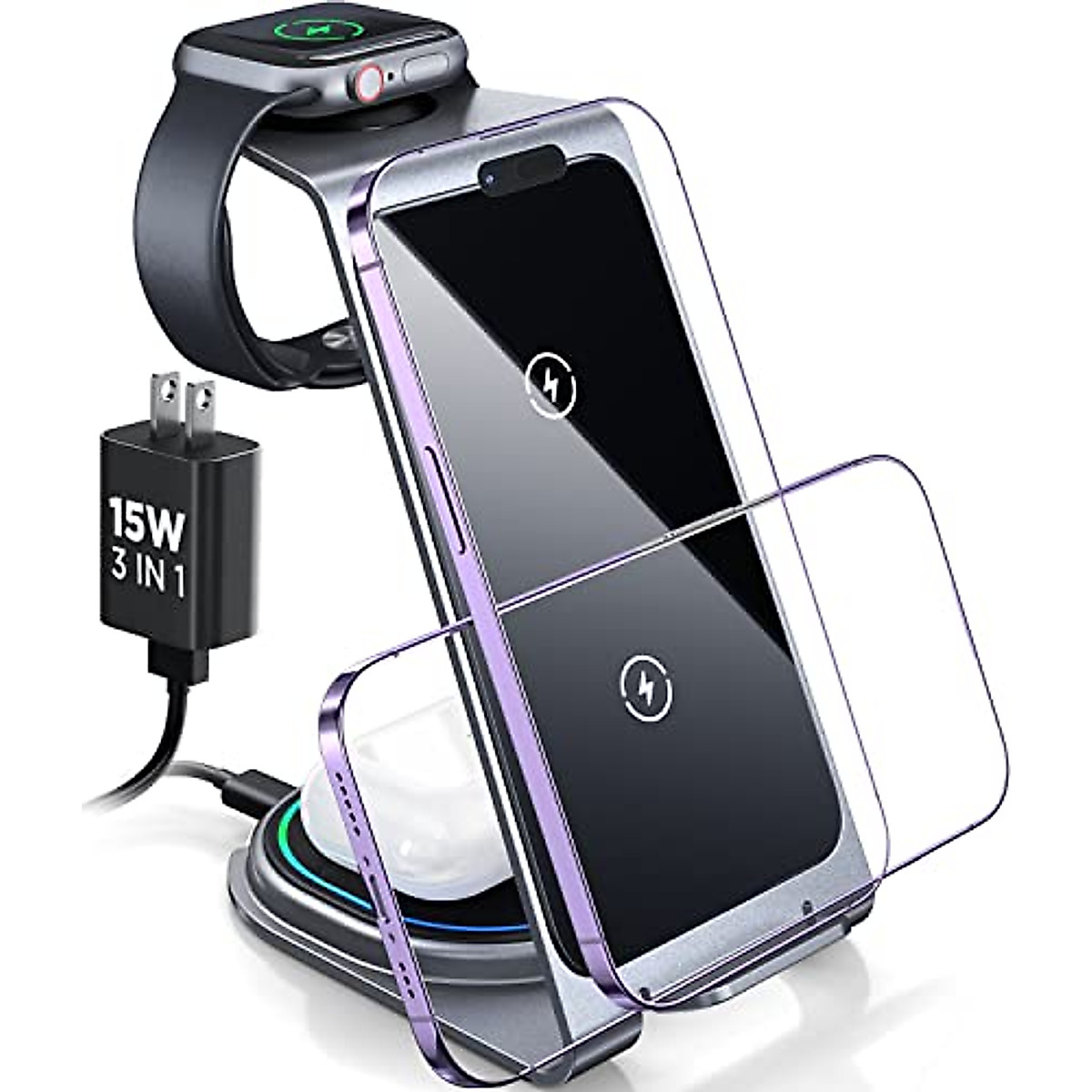 Wireless Charging Station for Apple, 15W iPhone Wireless Charger Fast Charging [Metal], Lemoworld 3 in 1 Charging Station [Qi Certified], for iPhone 14/13/12/11/Pro/Max/Apple Watch/Airpods Pro