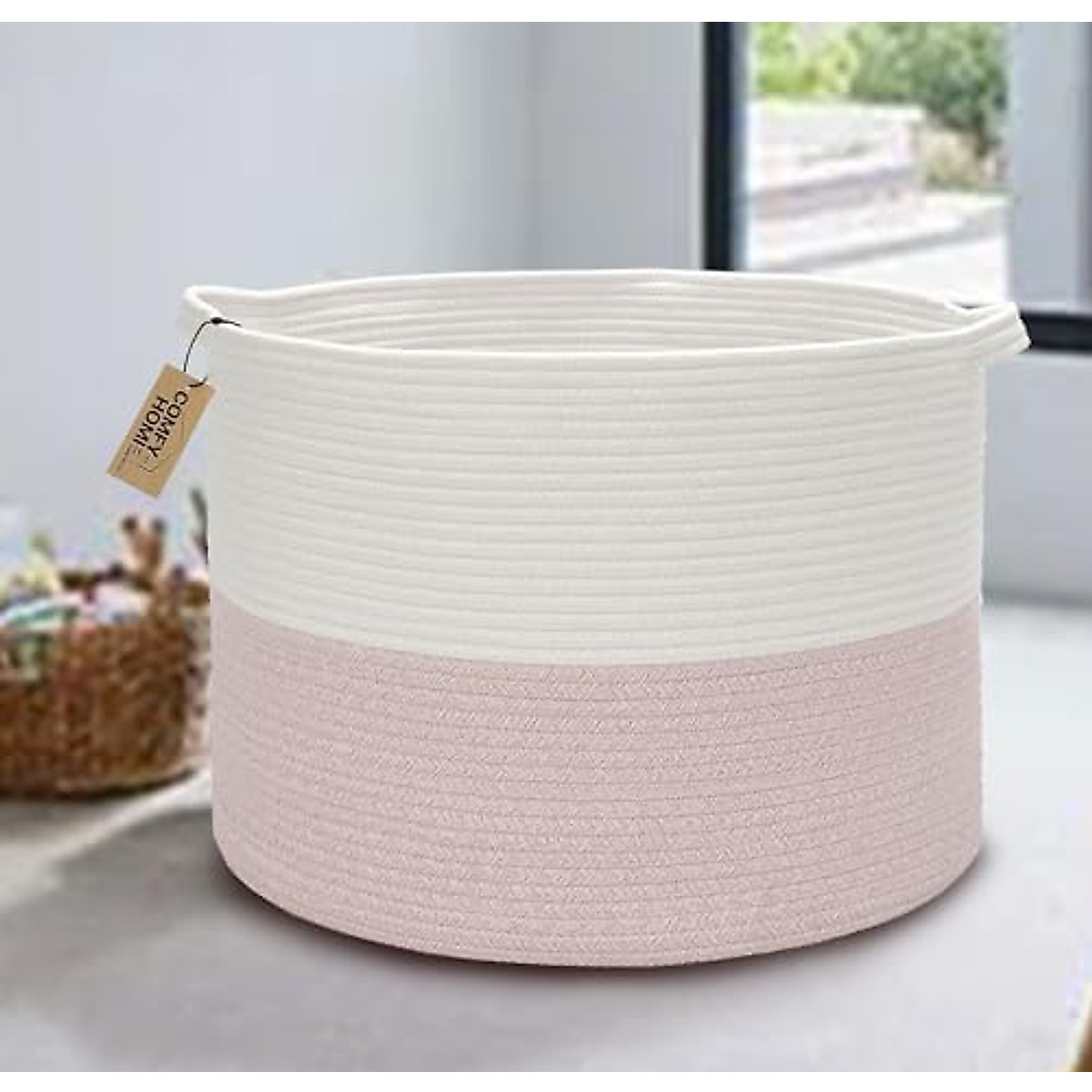 COMFY-HOMI New Extra Large Blanket Storage Basket 21''x21''x13.6''|Toy Organizers and Storage|Cotton Rope Woven Round Basket for Blanket|Baby Basket for Newborn-White/Pink