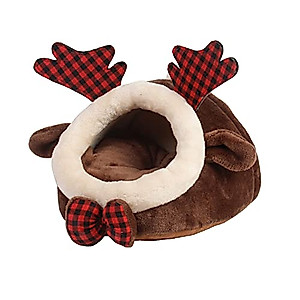 EastVita Guinea Pig Bed Pet Mini Nest Cute Animal Shape Super Soft Warm Shelter House Pet Hideout for Rabbits Hedgehog Bearded Dragon Winter Nest Hamster Cage Brown elk XL