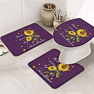 3 Piece Bath Rugs Sets Sunflower Butterfly Non Slip Bathroom Carpet You are My Sunshine Dark Purple Absorbent U-Shaped Toilet Mat, Toilet Lid Cover