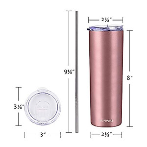 SUNWILL Straw Tumbler Skinny Travel Tumbler with Lid, Vacuum Insulated Double Wall Stainless Steel 20oz for Coffee, Tea, Beverages, Rose Gold