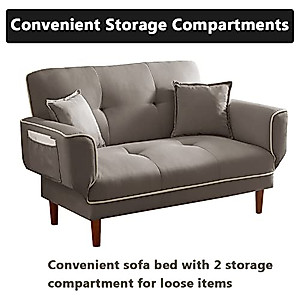 Convertible Futon Sofa Bed with 2 Pillows, Small Loveseat Sleeper Sofa Futon Couch, Recliner Couch with Adjustable Armrest and Wood Legs, Living Room Sofa with 5-Angle Backrest for Small Space (Grey)