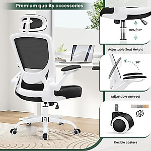 KERDOM Ergonomic Office Chair, Breathable Mesh Desk Chair, Lumbar Support Computer Chair with Headrest and Flip-up Arms, Swivel Task Chair, Adjustable Height Gaming Chair, White
