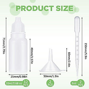Uiifan 12 Pcs Plastic Squeezable Dropper Bottle Small Empty Liquid Dropper with Screw Cap Portable Eye Dropper Bottle with 2 Funnels 2 Droppers for Eye Drops Oils Saline Essence (White,20ml)