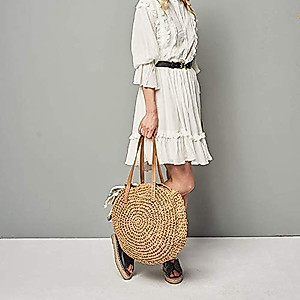 Round Straw Bag Large Woven Summer Beach Tote Handbags Handle Shoulder Bag for Women Vacation, Khaki