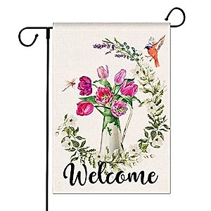 Pinknoke Spring Floral Garden Flag 12x18 Inch Small Size Vertical Double Sided, eucalyptus garland Tulip Burlap Summer Outdoor Seasonal Yard Welcome Decoration (Garden Size / 12.5 x 18 Inch)