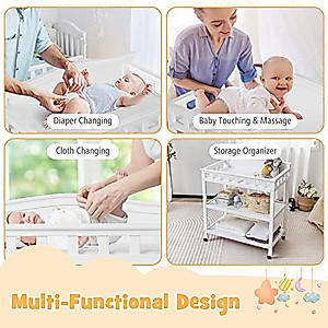 Costzon Baby Changing Table, Infant Diaper Changing Station w/Waterproof Changing Pad, Safety Strap, Storage Shelves, Mobile Nursery Organizer for Newborn, Portable Changing Table with Wheels (White)