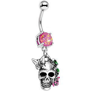 Body Candy Stainless Steel Iridescent Pink Accent Beautiful Butterfly Rose Skull Dangle Belly Ring