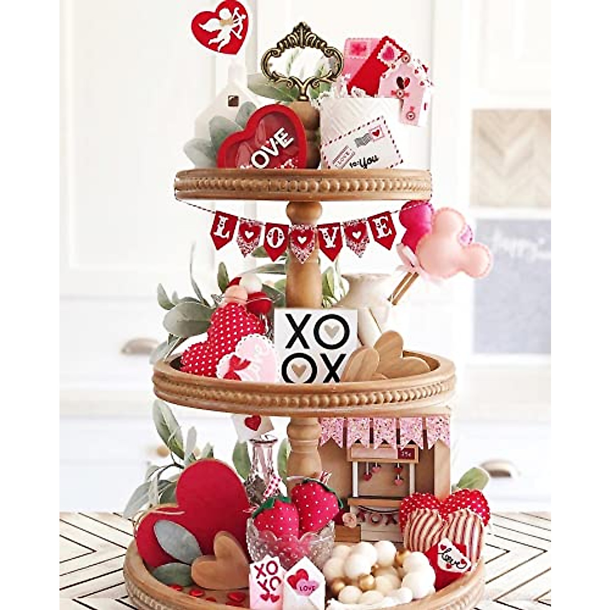 3 Tiered Tray Wooden Serving Stand by Felt Creative Home Goods. Large Beaded Tray for Home Decor Display Farmhouse Country Decoration Kitchen or Dining. Includes 3 Finial Custom Handles (Brown)