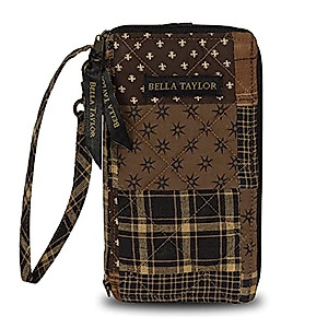 Bella Taylor Ironstone Modern Wristlet Quilted Cotton Country Patchwork Cell Phone Wallet; Chestnut, Khaki and Black