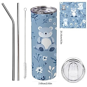 Tumbler with Lid and Straw Cartoon Bear Flowers and Plants thermos coffee travel mugcute cups 20 oz insulated tumbler for Daily Holiday Decor Gift coffee cup