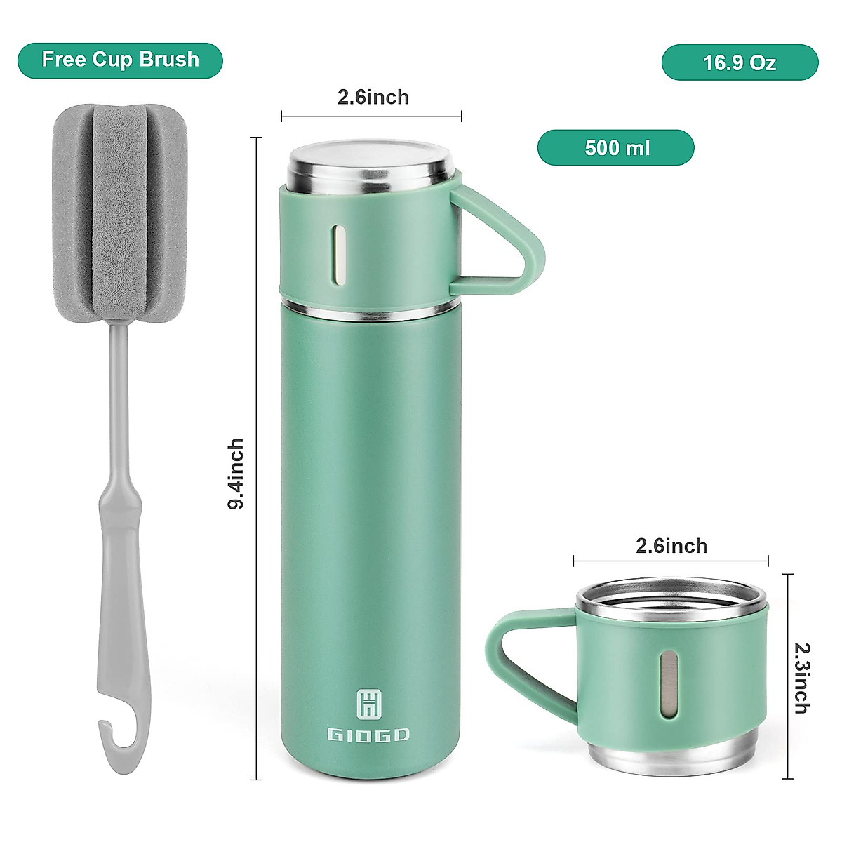 Stainless Steel Thermo 500ml/16.9oz Vacuum Insulated Bottle with Cup for Coffee Hot drink and Cold drink water flask.(Green,Single)