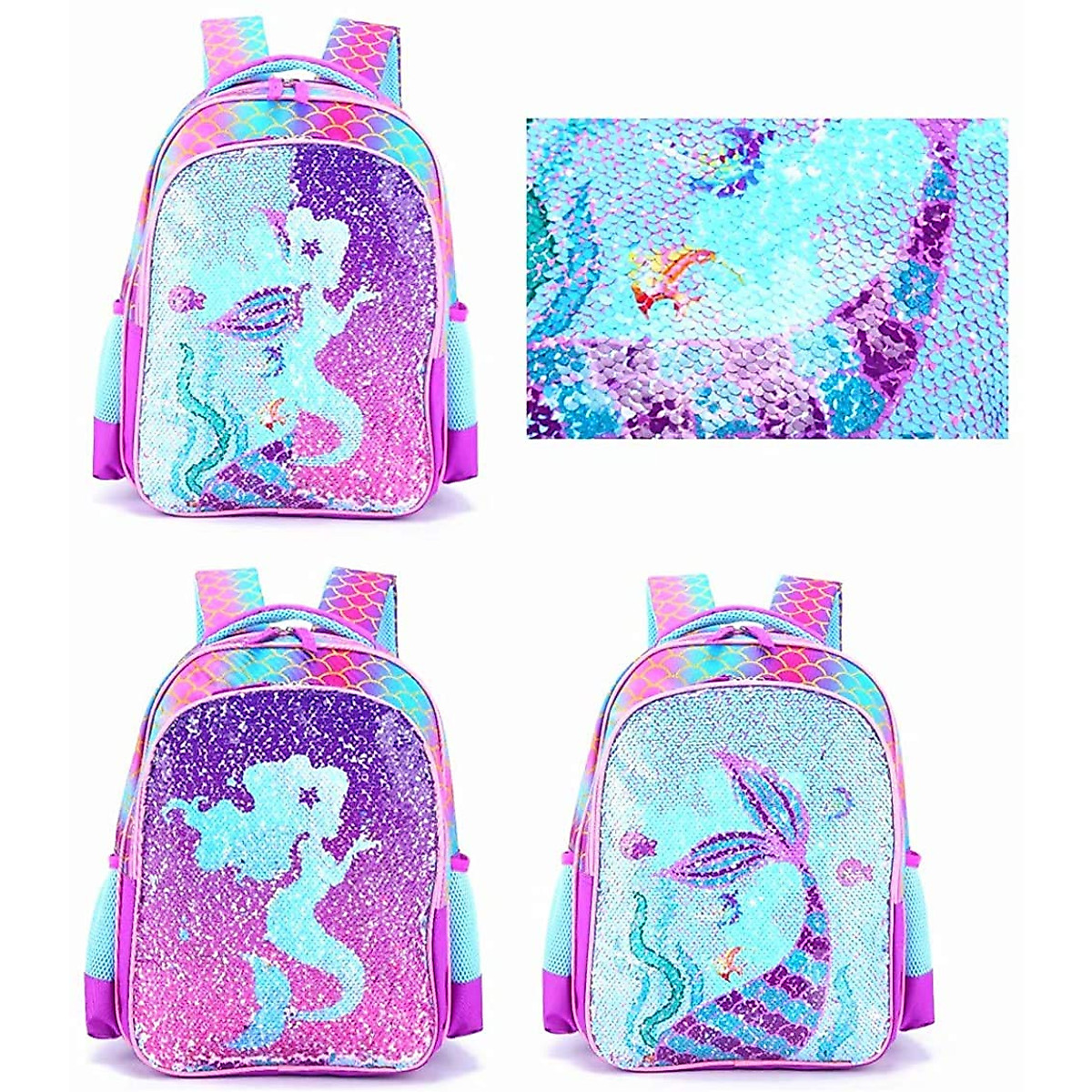 Usnyabni THE Crafts Reversible Sequin School Backpack Lightweight Little Kid Book Bag for Preschool Kindergarten Elementary (17", Mermaid