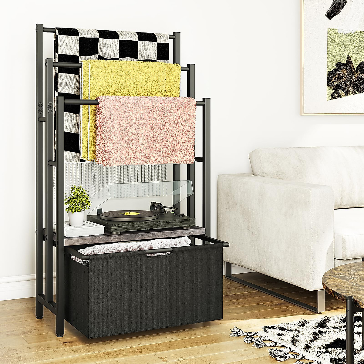 Freestanding Towel Rack with Drawers, SDXYSTCE 3 Tiers Standing Blanket Racks for Bedroom, 23.6" L x 11.8" W x 43.3" H, Blanket Holder with Shelf, Upgrade Steady Design,Grey