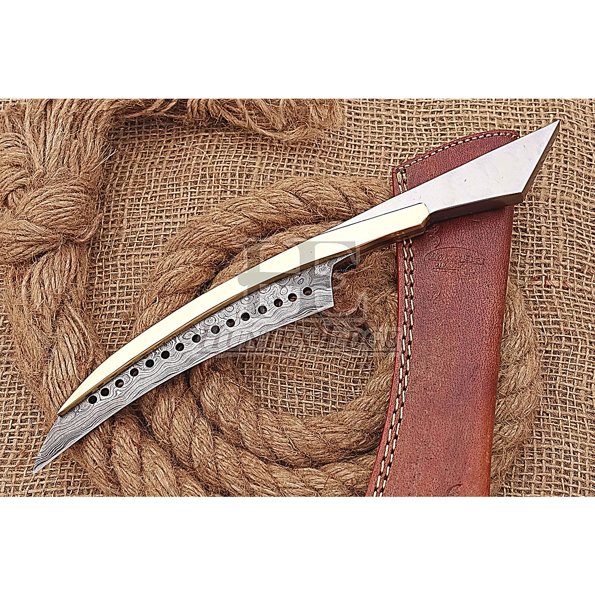 HUNTEX Custom Handmade Hand-Forged Rain Drop Pattern Damascus Steel 11 Inch Long Full Tang Steel-Brass Handle Razor Sharp Hunting Camping Hawkbill Knife w/Genuine Leather Pouch