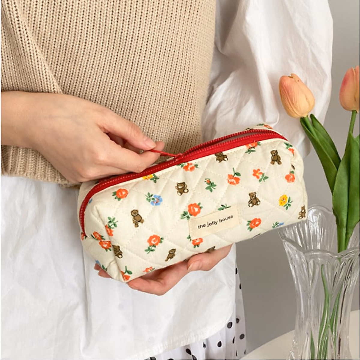 BILIPOPX 3 Pack Kawaii Cute Makeup Bag Bear Aesthetic Travel Quilted Cotton Cosmetic Bag Organizer Toiletry Pouch for Women Teen Girls (Bear Flower)