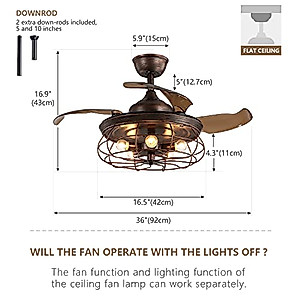 36" Industrial Reverse Ceiling Fan with Lights, Siljoy Vintage Rusty Cage Chandelier Fan Retractable Blades Fandelier with Remote Control for Farmhouse Dining Room Bedroom, 5 E26 Bulbs Not Included