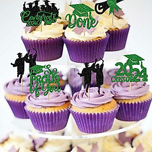 24 Pack Class of 2024 Cupcake Toppers Glitter Congrats 2024 Done Diploma Cupcake Picks for So Proud of You 2024 Graduation Theme Cake Decorations Party Supplies Green Black