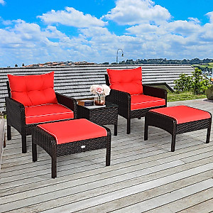 HAPPYGRILL 5PCS Patio Furniture Set Outdoor Rattan Wicker Conversation Set with Coffee Table Cushioned Sofas and Ottoman Chat Set for Garden Backyard