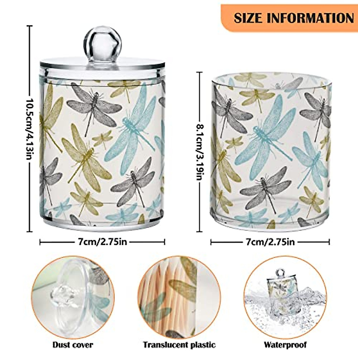 UMIRIKO Dragonfly Qtip Holder Dispenser for Cotton Swabs with Lids 2 Pack, Plastic Apothecary Jars for Cotton Ball, Pads, Floss H080239