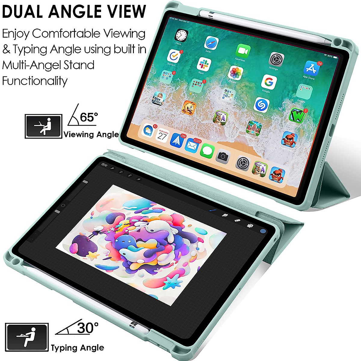 DuraSafe Cases for iPad 7th 8th 9th Gen 2019/2020 / 2021-10.2 Inch [iPad 9 8 7 ] A2602 A2270 A2197 MW762LL/A MW742LL/A MYLC2LL/A MYL92LL/A Pencil Holder Soft Corner with PC Back Cover - Light Green