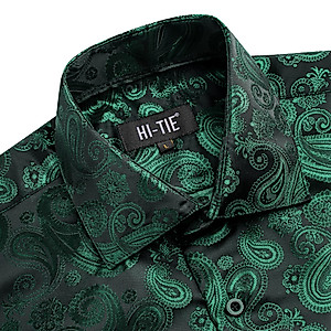 Hi-Tie Silk Dark Green Mens Dress Shirt Jacquard Short Sleeve Regular Fit Turn Down Collar Shirts for Casual Vacation Party