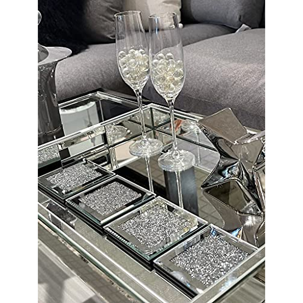 Glass Coasters for Drinks, Set of 4, Diamond Decor, Silver Crystal Coaster, Mirrored Elegant, Fancy, Glam, for Home Kitchen Table Bar Accessories, Square (4" x 4")