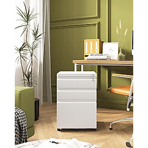 Approgreent Mobile File Cabinet for Home Office, Lockable 3 Drawer Filing Cabinet with Wheels for A4-Size/Letter-Size/Legal-Size, Fully Assembled Except Casters, White