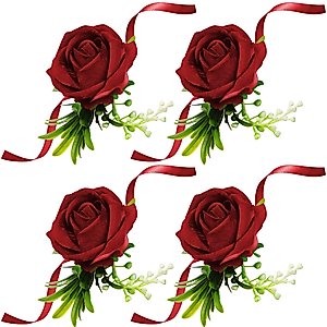 4 Pcs Corsage Wristlet for Wedding Rose Wrist with Ribbon Girl Bridesmaid Wrist Bridal Wrist Flower Corsage Hand Flower Decor for Wedding Ceremony Prom Dinner Anniversary (Burgundy, Wrist Corsage)