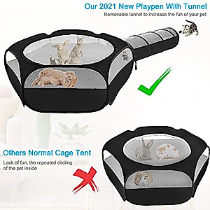 Zhilishu Small Animal Playpen, Portable Guinea Pig Playpen Pet Playpen Kitten Playpen with Double Zippered Cover Indoor Outdoor for Bunny, Rabbit, Hamster Connect Tunnel(Black)
