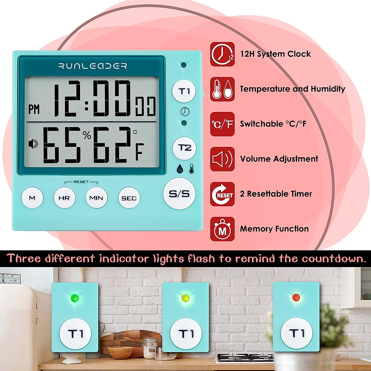 Jayron KT002A 2-Channel Kitchen Timer Magnetic Countdown Timer Clock Temperature and Humidity Meter Digital Minute/Second Timer Desk Clock for Elderly Kids（Blue）